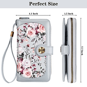 Coco Rossi Wallets for Women Multi Card Holder Wallet Clutch Wallet Card Holder Organizer Ladies Purse with Wrist strap Purse,Grey Flowers