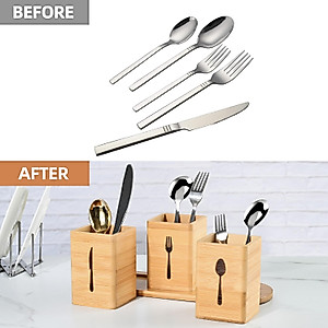 GEHE Silverware Caddy for Countertop, Natural Bamboo Utensil Caddy for Parties, Utensil Holder with 3 Compartment, Silverware Organizer Storage Containers for Spoons, Forks and knives