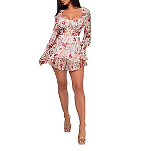 LYANER Women's Floral Print Off Shoulder Long Sleeve Ruffle Hem Romper Short Jumpsuit Floral Pink Medium