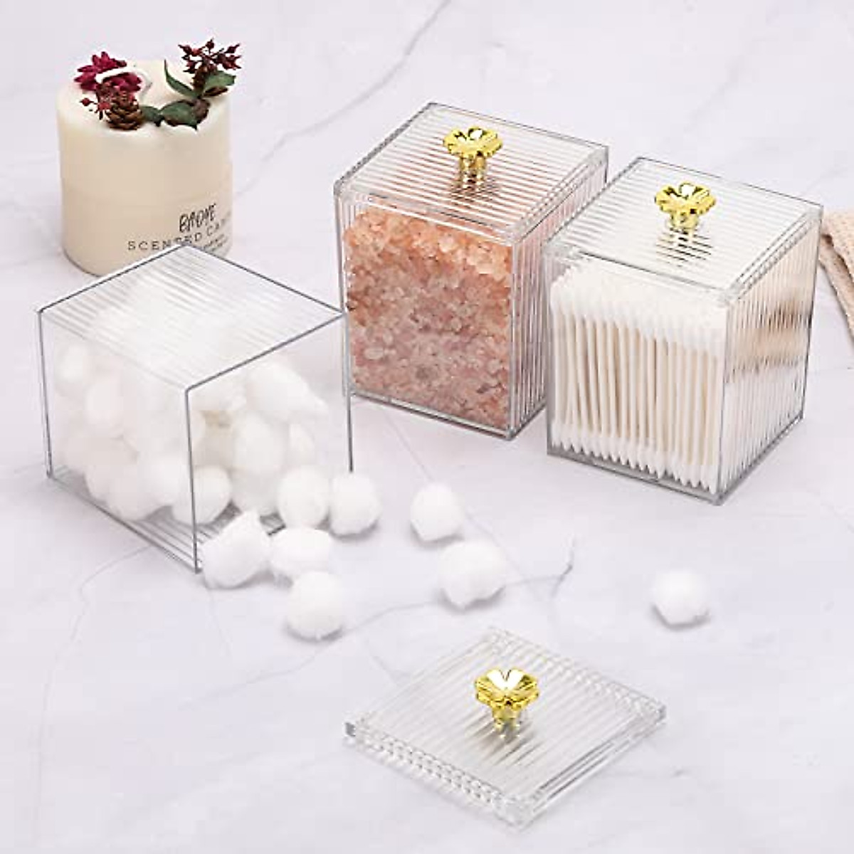 Tecbeauty 3PCS Qtip Holder Bathroom Organizer and Storage Containers Plastic Apothecary Jars Dispenser with Lids for Cotton Ball, Cotton Swab, Cotton Round Pads, Floss