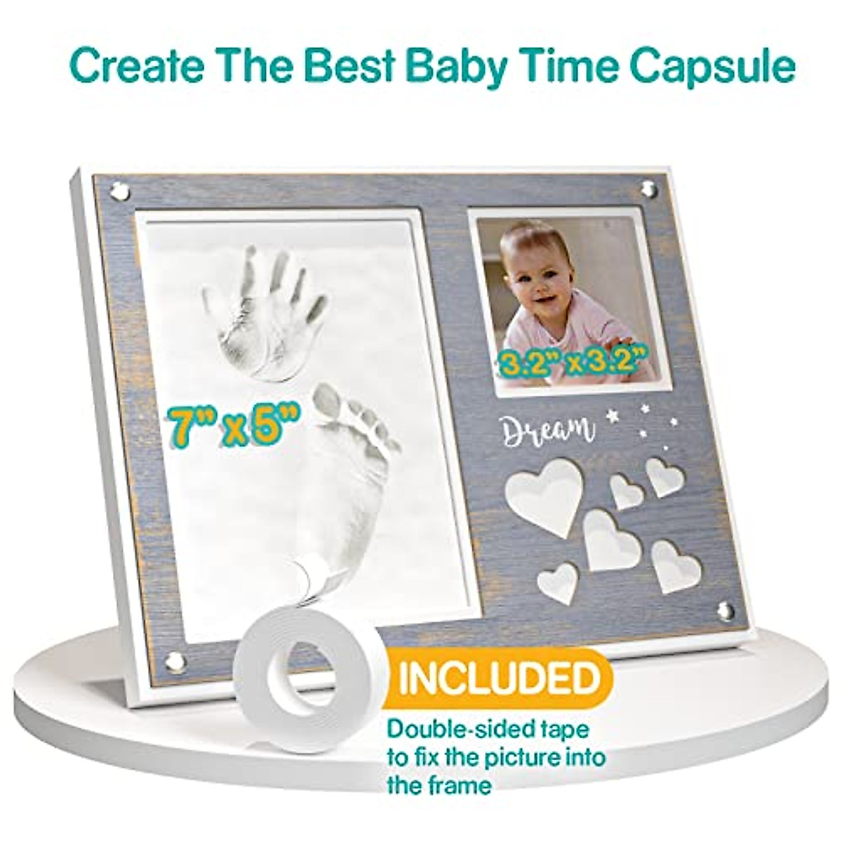 1Dino Premium Baby Handprint and Footprint Kit - 11.6” x 9.3" White/Grey Wood Baby Picture Frame - Includes 2X Air-dry Clay Pack for Baby Hand and Footprints - Baby Registry, Baby Shower Gifts