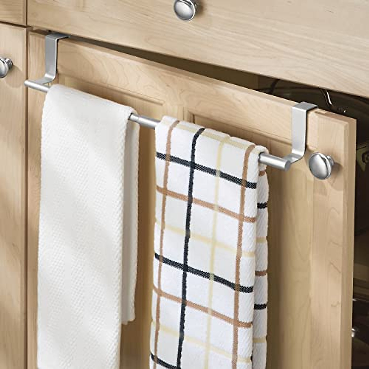 mDesign Adjustable, Expandable Over Kitchen Cabinet Towel Bar Rack - Hang on Inside or Outside of Doors, Hold Hand, Dish, Tea Towels - Customizable to 17" Wide, Omni Collection - Chrome