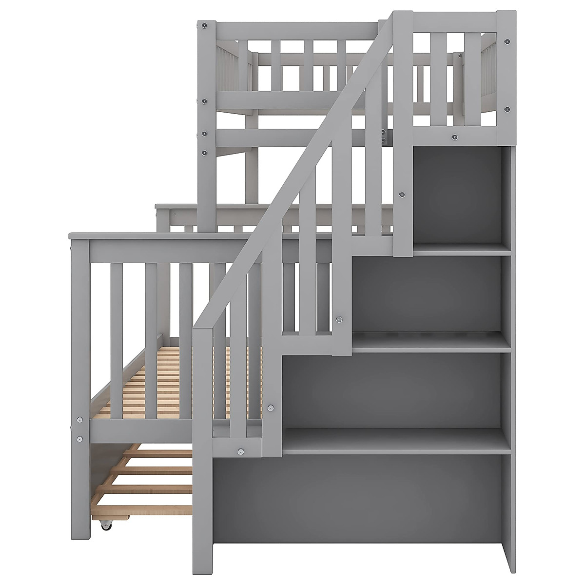 Bunk Bed with Trundle and Staircase, Solid Wood Twin Over Full Bunk Beds Frame with Storage Shelf, Safety Rail for Kids Teens, Can be Separated into 2 Beds (Twin Over Full, Grey)