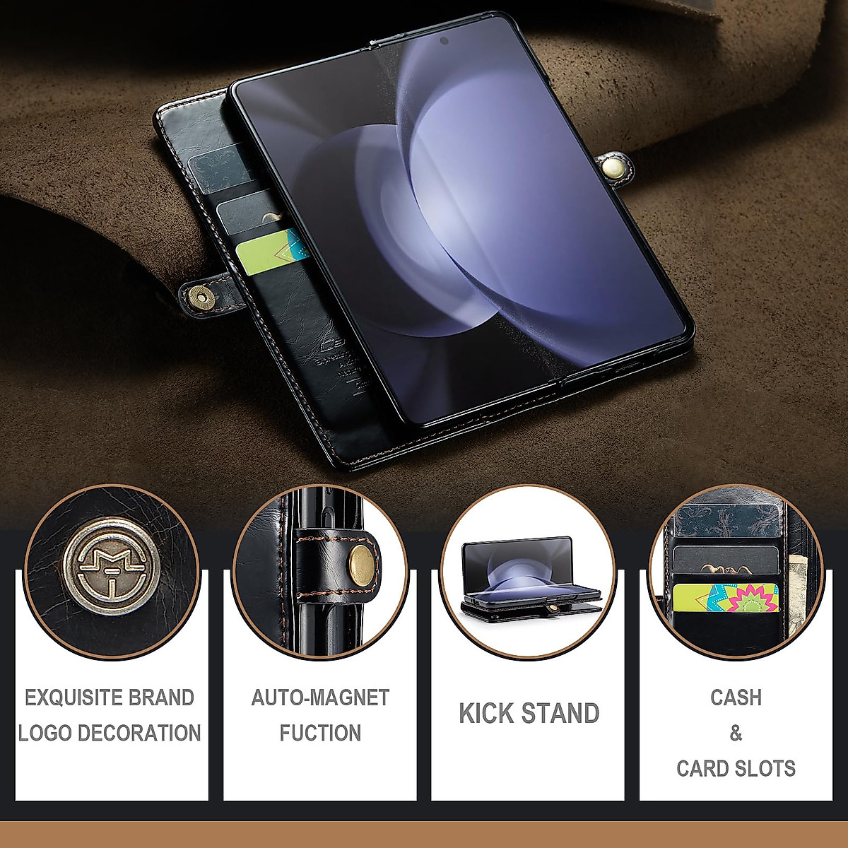 SZHAIYU Smooth Retro Premium Flip Leather Phone Case for Samsung Galaxy Z Fold 5 5G Case Wallet with Card Holder Kickstand 7.6'' Fold5 Book Cover (Black,Z Fold 5)