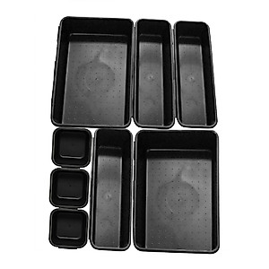 HOME-X Connecting Organizer Trays, Set of Interlocking Adjustable Trays for Organizing Office Supplies and Kitchen Utensil Drawers, Set of 8, 3 Sizes, Black