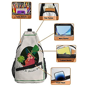 Sling Backpack, St.Patrick's Day Shamrocks Gnome Black Green Border Linen Waterproof Lightweight Small Sling Bag, Travel Chest Bag Crossbody Shoulder Bag Hiking Daypack for Women Men