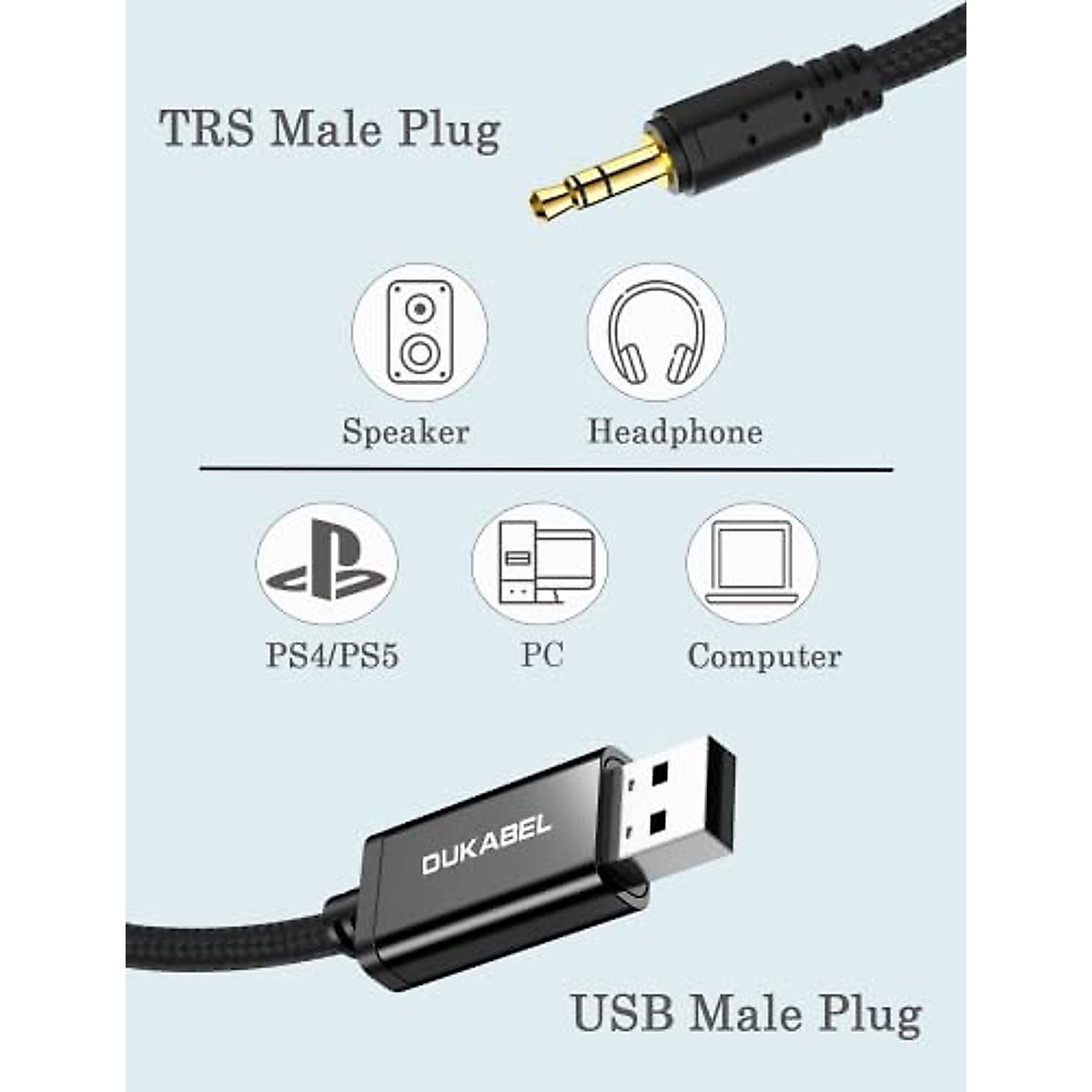 USB to 3.5mm Aux Cable, DUKABEL USB to 3.5mm Jack Cord for PC PS4 PS5 USB2.0 to 1/8’’ Male Auxiliary Audio Cable for Headphone Speaker(8FT/2.4 Meter) Do Not Work for TV Car PS3 Truck Amplifier