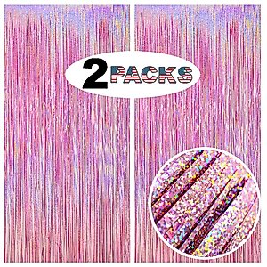 Glitter Pink Fringe Party Curtain - 6.5x9.8 feet, Pack of 2 | LILF Pink Tinsel Streamers Foil Fringe Backdrop Curtain with Non-Marking Tape for Birthday Bachelorette Party Decoration Photo Booth Props