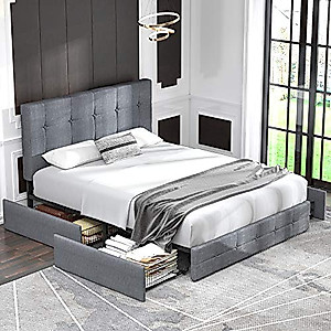 Allewie Upholstered Queen Size Platform Bed Frame with 4 Storage Drawers and Headboard, Square Stitched Button Tufted Mattress Foundation with Wooden Slats Support, No Box Spring Needed, Light Grey