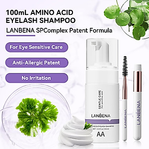 LANBENA 100ml Eyelash Extension Cleanser, Lash Shampoo for Lash Extensions, AMINO ACID Eyelash Shampoo Oil Free Foam Lash Bath for Eyelash Extensions, Lash Cleaning Kit with Brush,Home Salon Use
