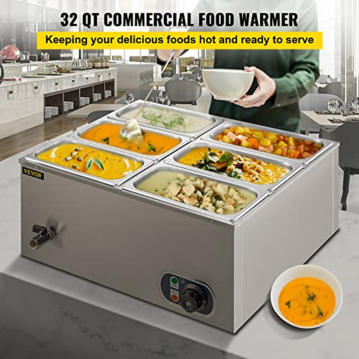 VEVOR 110V 6-Pan Commercial Food Warmer 850W Electric Countertop Steam Table 15cm/6inch Deep Stainless Steel Bain Marie Buffet Large Capacity 6x7 Quart, Silver