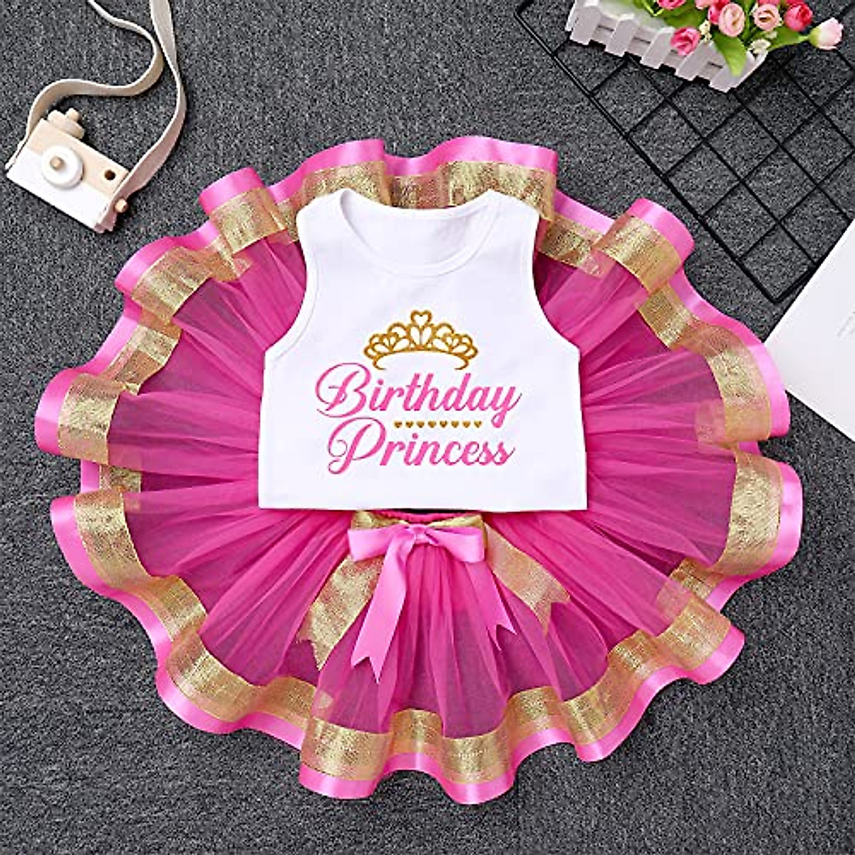 Toddler Kid Baby Girl 1/2/3/4/5/6 Year Old Birthday Party Dress Sleeveless Printed Vest Tops+Princess Tulle Tutu Skirt+Flower Crown Outfit Summer Clothes Cake Smash Photography Hot Pink 4-5 Years