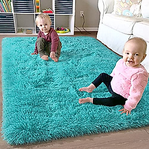Ompaa Ultra Soft Shaggy Rugs Fluffy Bedroom Carpet, 4x6 Feet Teal Blue Area Rug, Modern Upgrade Anti-Skid Rug for Kids Girls Living Room, Dorm Aesthetics Decor