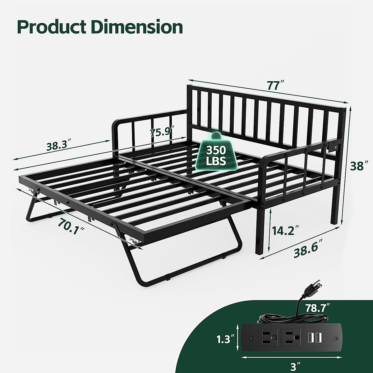 MU Daybed with Trundle Bed, Twin Bed Frame with Charging Station and LED Lights, Metal Sofa Day Bed with Pop Up Trundle and Steel Slat Support for Living Room, Bedroom and Guest Room, Black