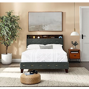 CuisinSmart Queen Size Bed Frame with Headboard,Storage & USB Ports & Outlets,No Box Spring Needed,78.5" x 57",Grey Bed Frame Furniture for Bedroom,Farmhouse,Hotel
