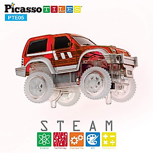PicassoTiles 2pcs Magnetic Toy Car Set Highly Detailed Compatible with Magnet Race Track STEM Truck Replacement Accessories Educational Construction Building Kits for Toddlers Boys & Girls Ages 3+