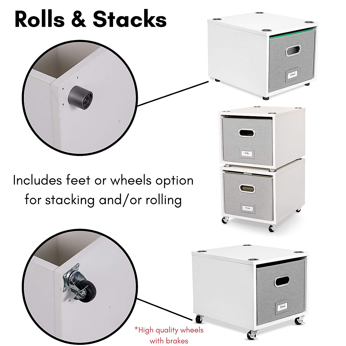 BIRDROCK HOME Rolling File Cabinet with 2 Lateral Drawers – Decorative Storage Shelf, Blankets, Books, Files, Magazines, Toys – Removable Bin with Handles – Under Desk Office Living Room Home - White