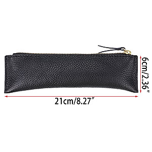 BTSKY Genuine Leather Pencil Case - Zippered Pen Case Stationery Bag Zipper Pouch Pencil Holder (New Black)