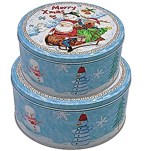 HADAAYA Round Merry Xmas Christmas Decorative Holiday Gifting tins, Set of 2. watercolor painted look with Santa, Snowman & Reindeer moose with Xmas tree