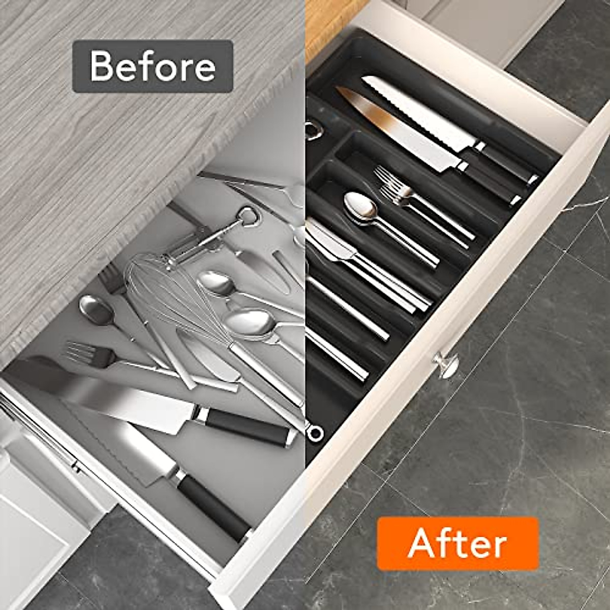 Lifewit Silverware Drawer Organizer, Expandable Utensil Tray for Kitchen, Adjustable Flatware and Cutlery Holder, Compact Plastic Storage for Spoons Forks Knives, Large, Black
