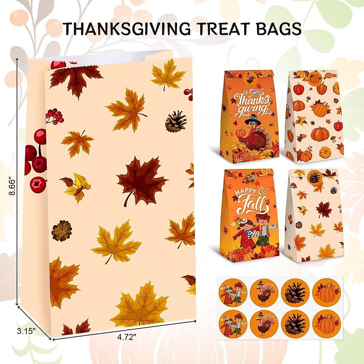 VGOODALL 36PCS Thanksgiving Treat Bags, Fall Leaves Gift Bag with Stickers Thanksgiving Gift Bags for Thanksgiving Fall Autumn Party Supplies
