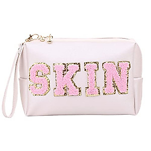 oaesc Cosmetic Bag Chenille Letter Patches Waterproof Travel Pouch PU Makeup with Wrist Strap Bags (Beige-SKIN)