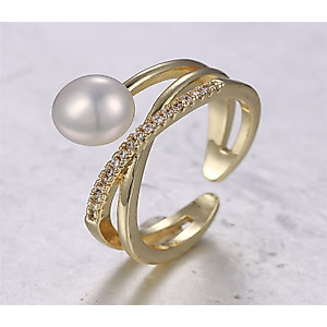 COISE Gold Pearl Rings, Adjustable Rings for Women Girls, AAA+ CZ Stacking Open Rings