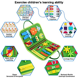 FASTSPOK Busy Board Montessori Toy for 1 2 3 4 Year Old Toddlers - Educational Activity Developing Sensory Board for Basic Dress Fine Motor Skills - Travel Toys for Plane Car, Gift for Boys Girls