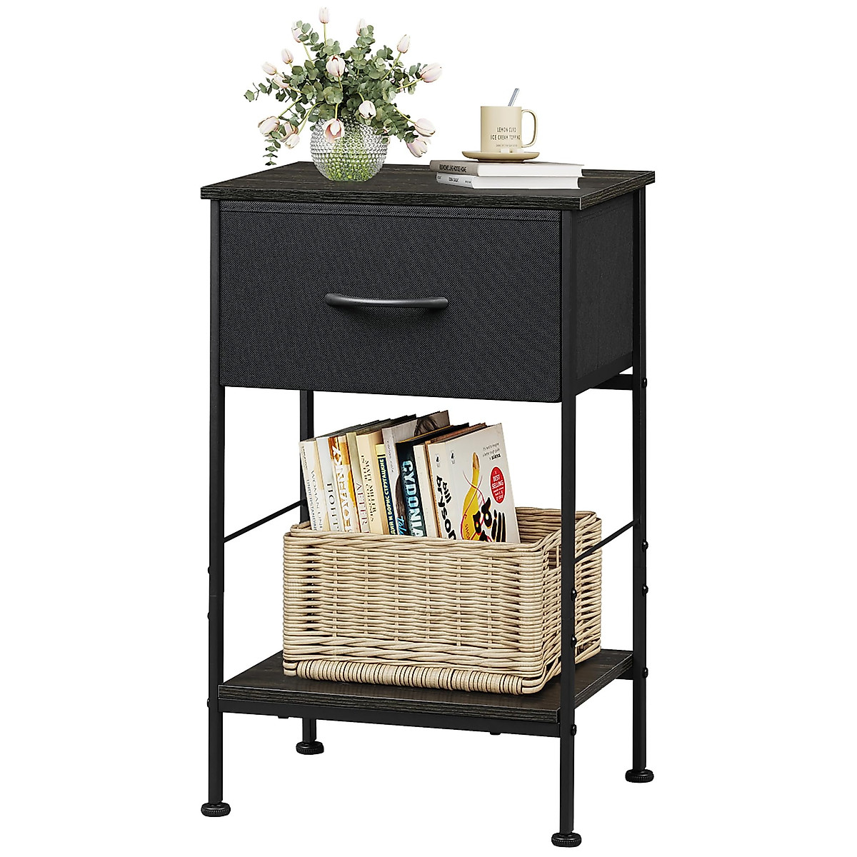 WLIVE Black Nightstand, Bedside Table with Fabric Storage Drawer, Open Wood Shelf, Bed Side Table, Night Stand for Bedroom Furniture, End Table for Living Room, Dorm, Entryway, 25.03" Height