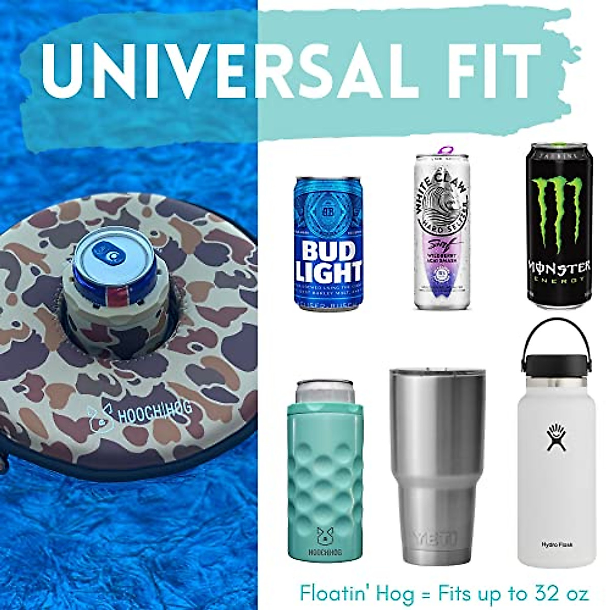 Hooch|Hog Old School Camo Slim Can Cooler for 12 oz. Skinny Cans + Old School Camo Floating Drink Holder