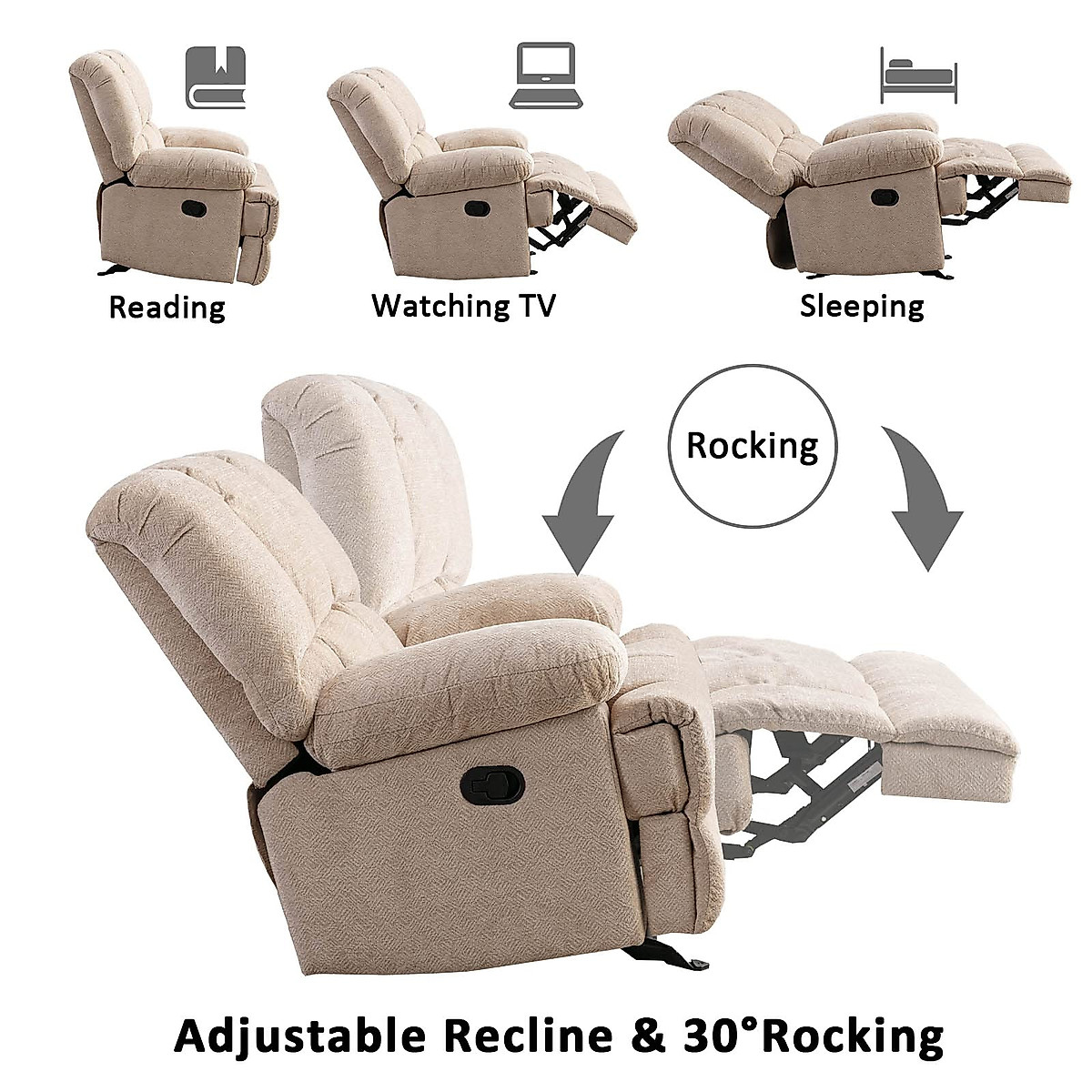 Dreamsir Oversized Rocker Recliner Chair, Manual Recliner Single Sofa Couch, Soft Fabric Overstuffed Rocking Chair for Living Room, Theater Seating for Big Man, Sandy