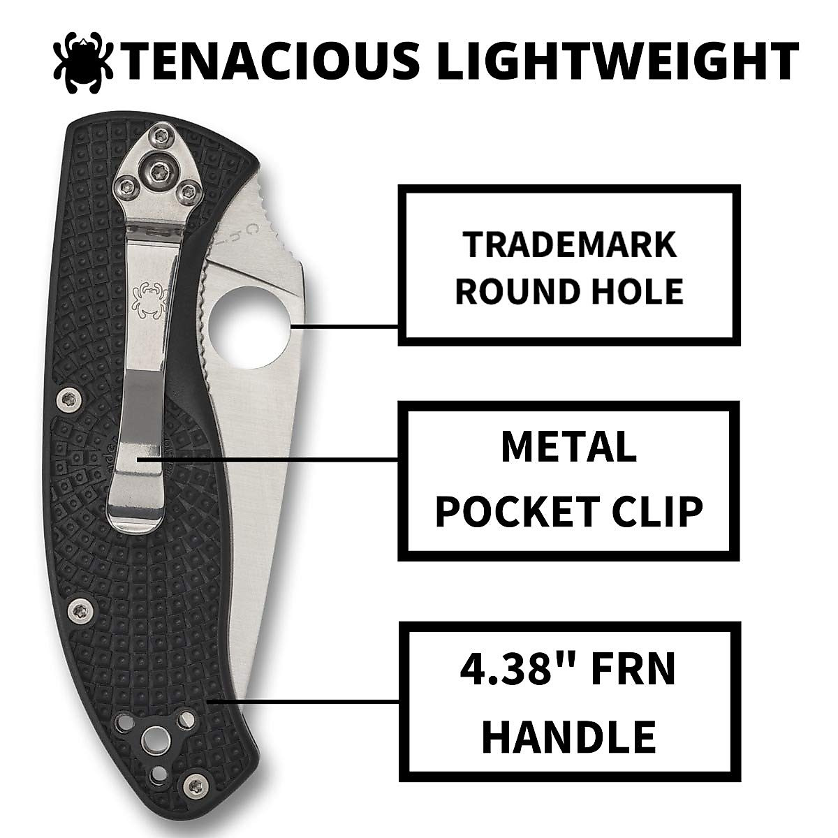 Spyderco Tenacious Lightweight Folding Utility Pocket Knife with 3.39" Stainless Steel Blade and Black FRN Handle - Everyday Carry - PlainEdge - C122PBK