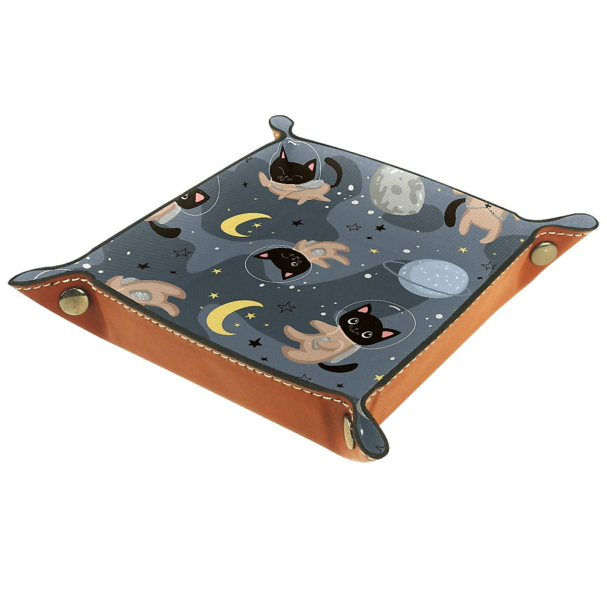 delayer Dice Tray, Folding Tray PU Leather Dice Rolling Tray Holder for RPG Dice Gaming and Other Board Game Table Games,Cute Cats Astronauts Helmets Grey,16x16cm