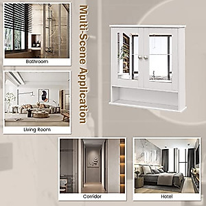 COSTWAY Bathroom Cabinet Wall Mounted - Over The Toilet Wall Storage Cabinet with 2 Mirror Doors and Adjustable Shelf, Hanging Medicine Cabinet for Bathroom, Living Room, Kitchen (White)