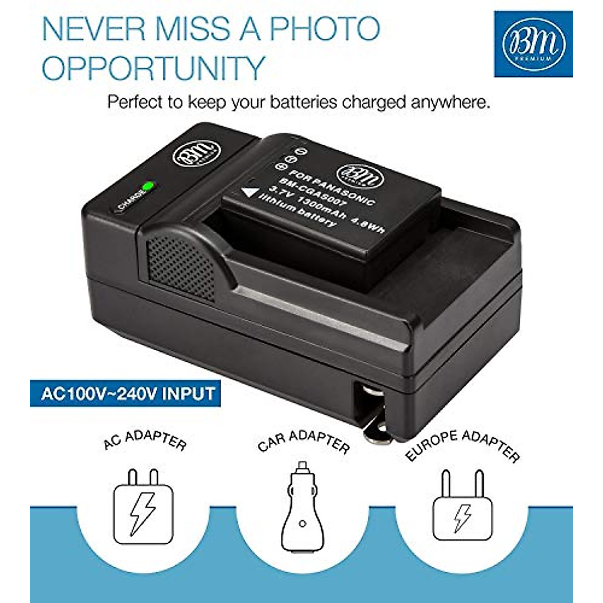 BM Premium 2-Pack of CGA-S007 Batteries and Battery Charger for Panasonic DMC-TZ1, DMC-TZ2, DMC-TZ3, DMC-TZ4, DMC-TZ5, DMC-TZ11, DMC-TZ15, DMC-TZ50 Digital Camera