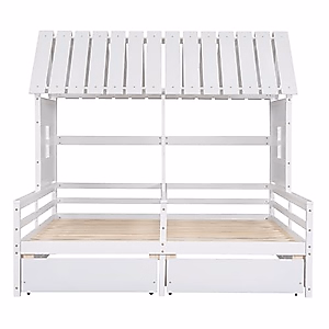 DEYOBED Wooden Double Shared Bed, Twin Size House Bed with 2 Storage Drawers Roof Design, House Platform Bed for Kids, Boys and Girls, Combination of 2 Side by Side Twin Size Beds, White