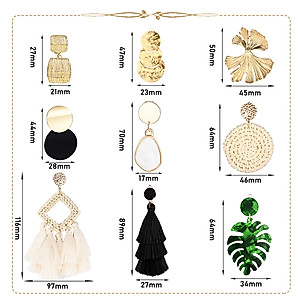 FINREZIO 9 Pairs Clip on Drop Earrings for Women Statement Rattan Resin Acrylic Drop Dangle Earrings Lightweight Geometric Rattan Tassel Hoop Drop Dangle Earrings Jewelry, Zinc, No Gemstone