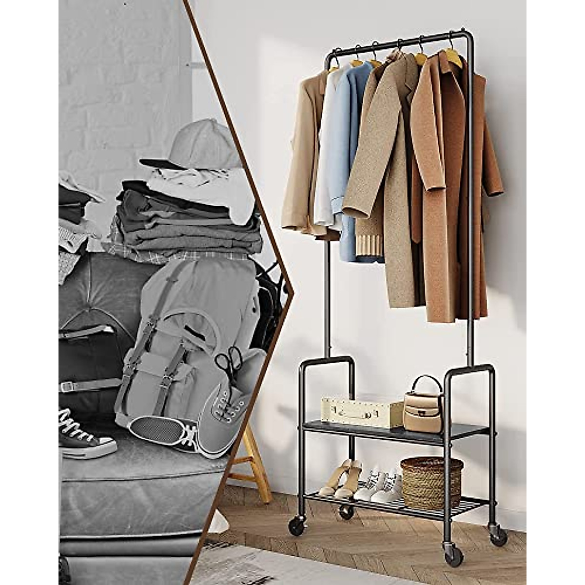 Labonida Rolling Clothing Rack - Space-Saving Clothes Rack on Wheels - Portable Hanging Storage Organizer with 2 Shelves - Sturdy Metal Garment Rack for Home & Business (Black, Industrial Style)