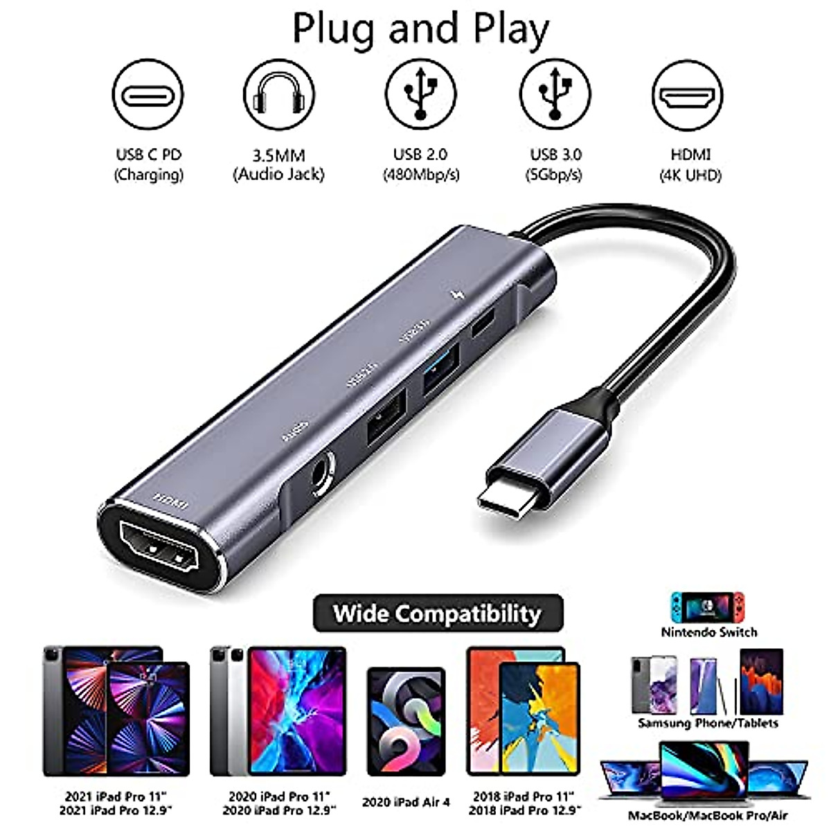 USB C to HDMI Adapter for iPad Pro 11/12.9 2021/2020/2018,iPad Air 4,USB C Hub Adapter with 3.5mm Headphone Audio Jack,4K HDMI,USB3.0,USB C Power Delivery Charging,Docking Station Accessories