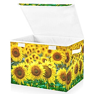 innewgogo Field Yellow Sunflowers Storage Bins with Lids for Organizing Baskets Cube with Cover with Handles Oxford Cloth Storage Cube Box for Car