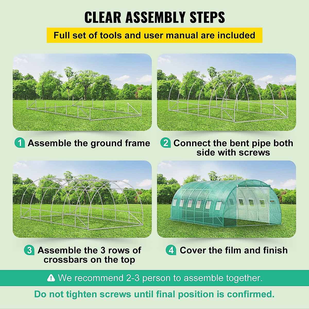 VEVOR Walk-in Tunnel Greenhouse, 20 x 10 x 7 ft Portable Plant Hot House w/Zippered Door, 12 Roll-up Windows, Galvanized Steel Hoops, 3 Top Beam, and 4 Diagonal Poles, Green