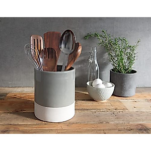 Utensil holder – crock - caddy - Extra Large ceramic organizer for kitchen countertop - modern or rustic farmhouse decor - gray & natural white - jar holds all spatulas, spoons & tools