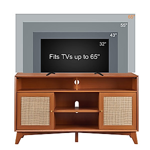 OKD TV Stand for 65+ Inch TV, 32'' Tall Highboy Entertainment Center, Mid Century Modern Media TV Console with Natural Rattan Door, Adjustable Shelves, Boho Television Stand, Cherry