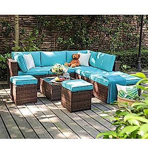 OC Orange-Casual 8 Piece Patio Sofa Set Brown Wicker Sectional Sofa with Turquoise Seat Cushions & Tempered Glass Coffee Table & Ottomans…
