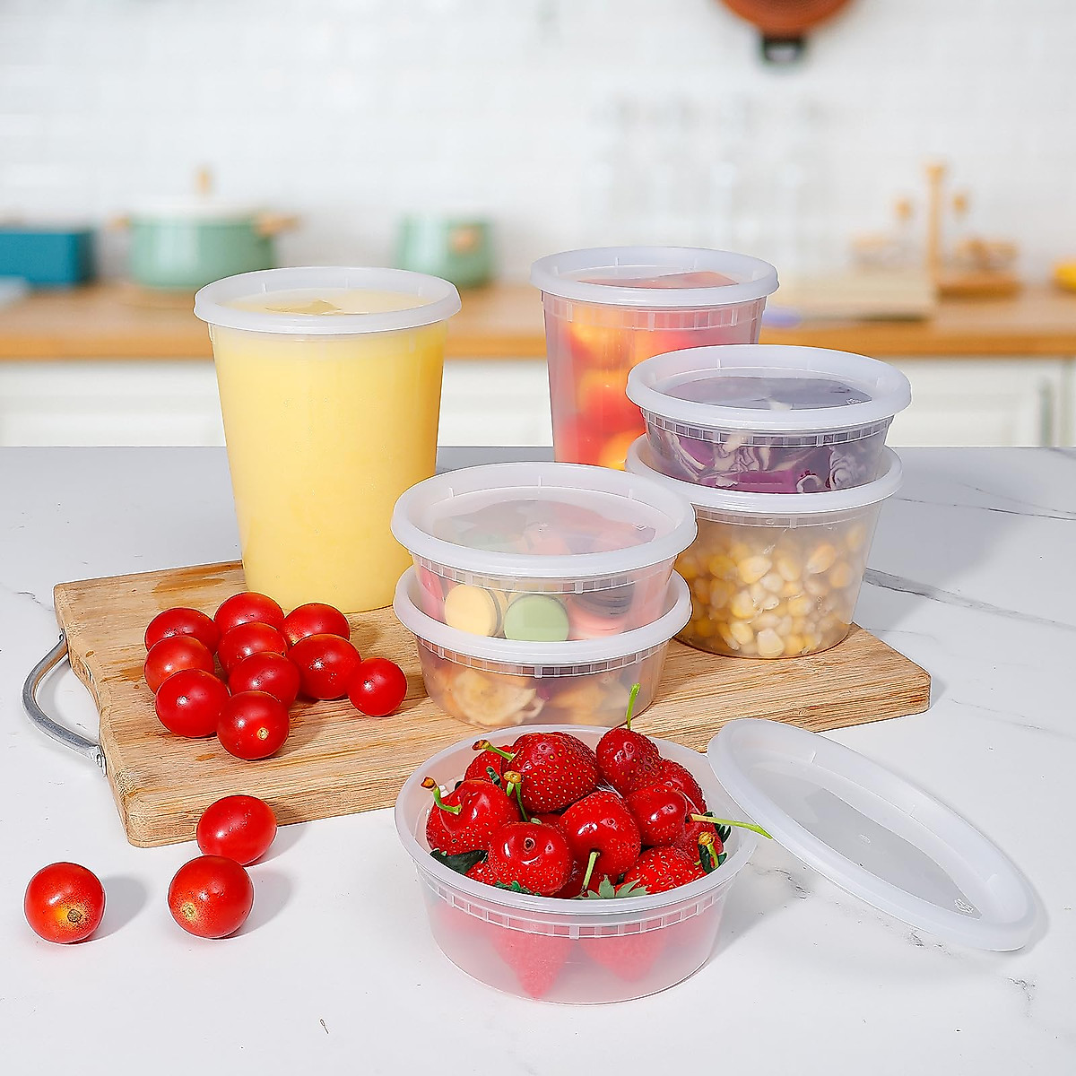 Deli Containers with Lids 48 Sets (8, 16, 32 oz 16 Each) - Clear Soup Containers Plastic Quart Containers with Lids, Pint Take out Containers Leakproof, BPA Free, Dishwasher/Microwave/Freezer Safe