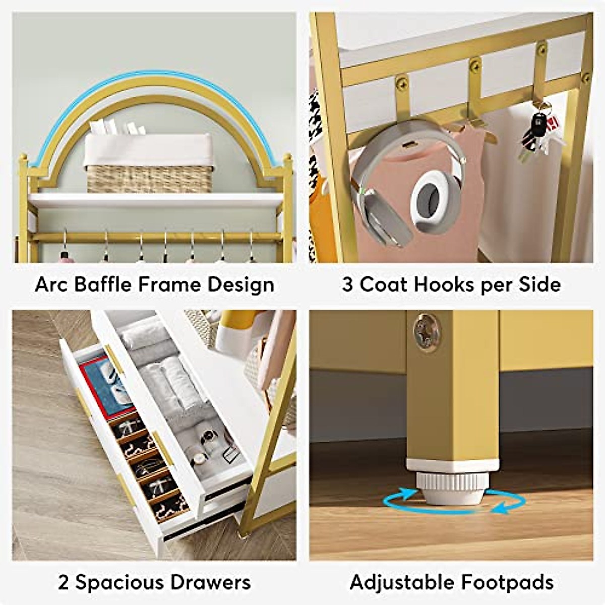 LITTLE TREE Tall Clothes Rack Shelves with Shelves Drawers and Hooks, Modern Arced Closet Organizer Heavy Duty Garment Clothing Freestanding Wardrobe Storage Shelving with Hanging Rod, White Gold