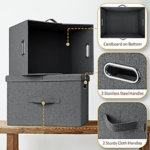 Bellzacasa Extra Large Collapsible Storage Bins with Lids, 3 Pack Linen Fabric Foldable Storage Bin Cube with 4 Handles, Storage Baskets Box for Home, Office, Closet, Gray, 22.8x15.7x11.8”