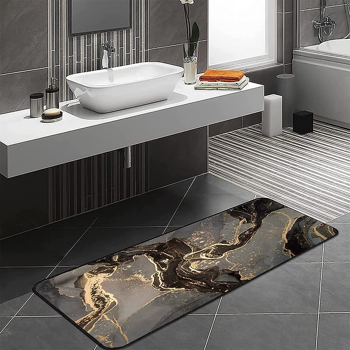 TsyTma Luxury Black Gray Gold Marble Kitchen Rug Soft Kitchen Mats Black Gold Glitter Bathroom Rug Runner Doormats Carpet for Home Decor 39" X 20"