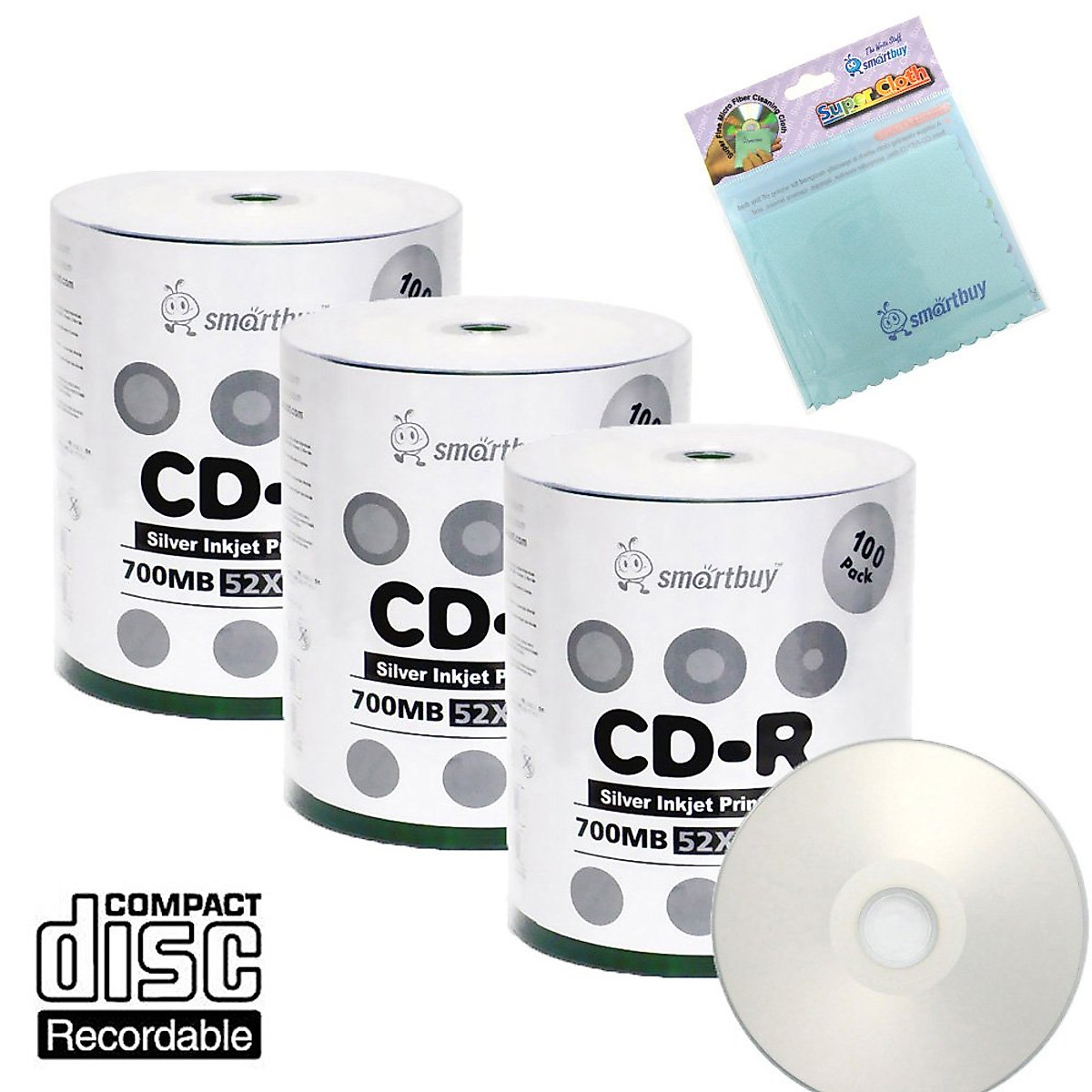 Smartbuy 300-disc 700mb/80min 52x CD-R Silver Inkjet Hub Printable Blank Media Disc + Free Micro Fiber Cloth
