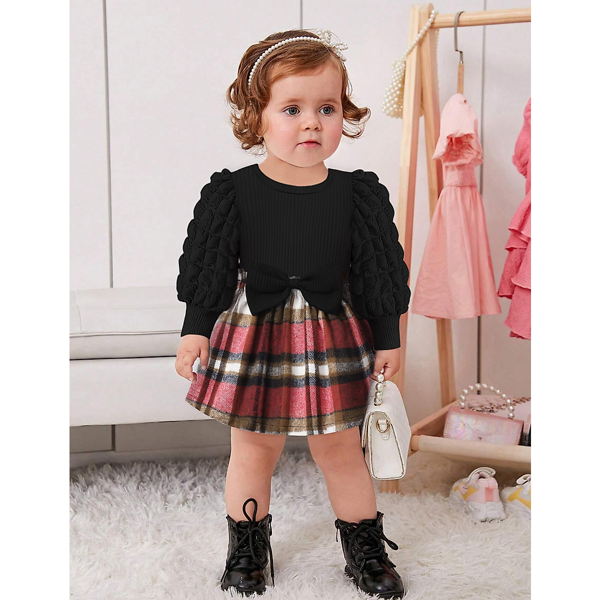 Qaoerde Baby Girl Dresses 12-18 Months Baby Girl Dress Puff Sleeve Red Plaid Dress Ribbed Baby Girls' Dresses Baby Dresses 12-18 Months Baby Girl Fall Dress Baby Girl Winter Dress Christmas Outfit